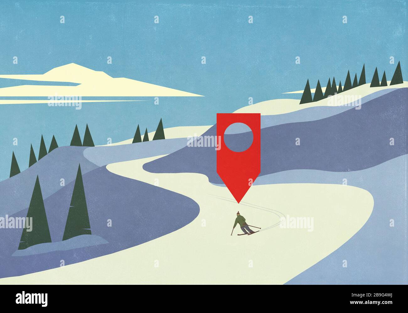 Location pin above downhill skier on snowy mountain ski slope Stock ...