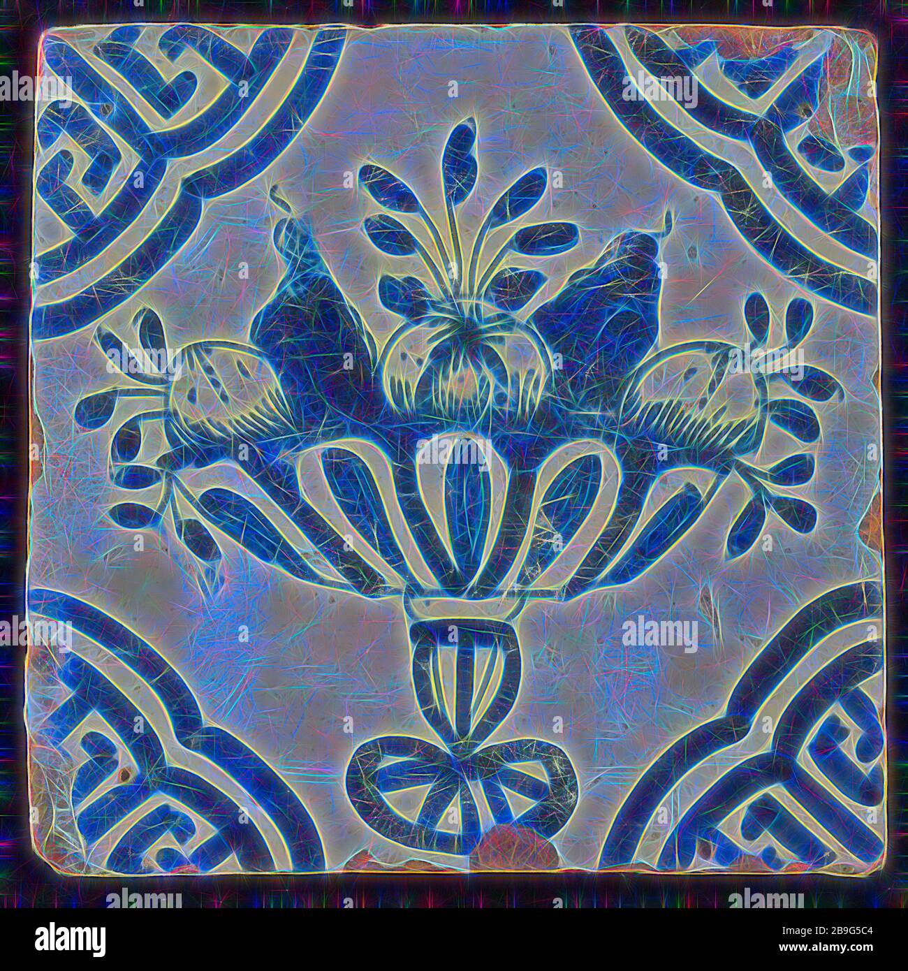 White tile with blue fruit bowl on stand, apples and grapes; corner ...