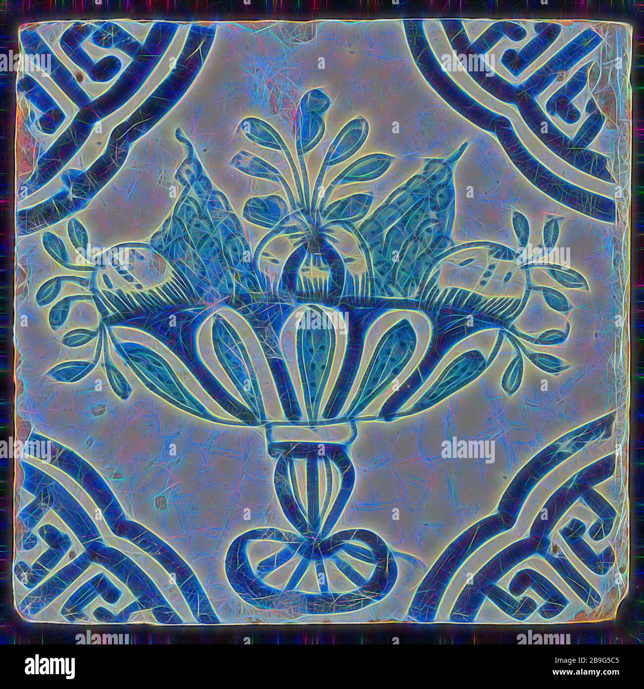 White tile with blue fruit bowl on stand, apples and grapes; corner ...