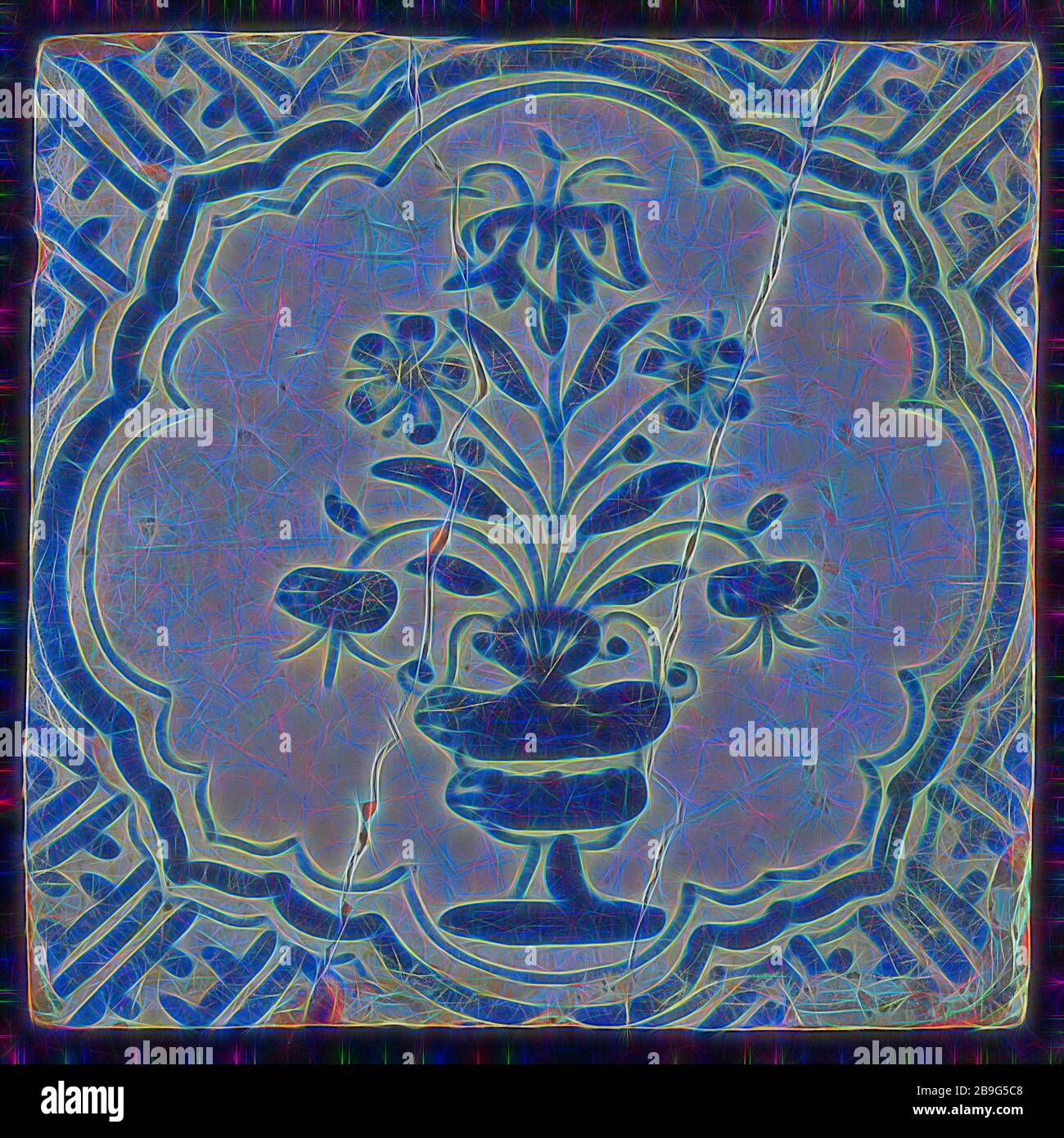 Tile with blue pot with flowers in braid-shaped frame; corner pattern ...