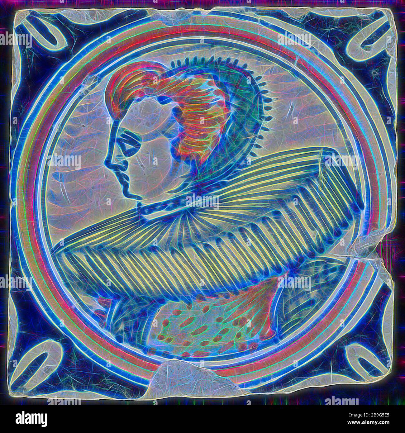 Figure tile, multicolored, blue, yellow, brown, green; portrait woman ...