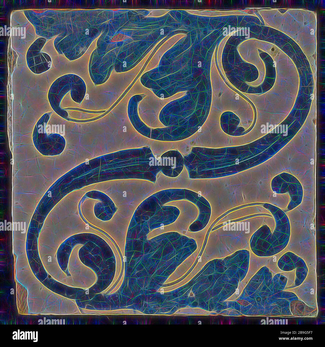 Tile, blue on white, diagonally an S-shaped volute and stylized leaf ...