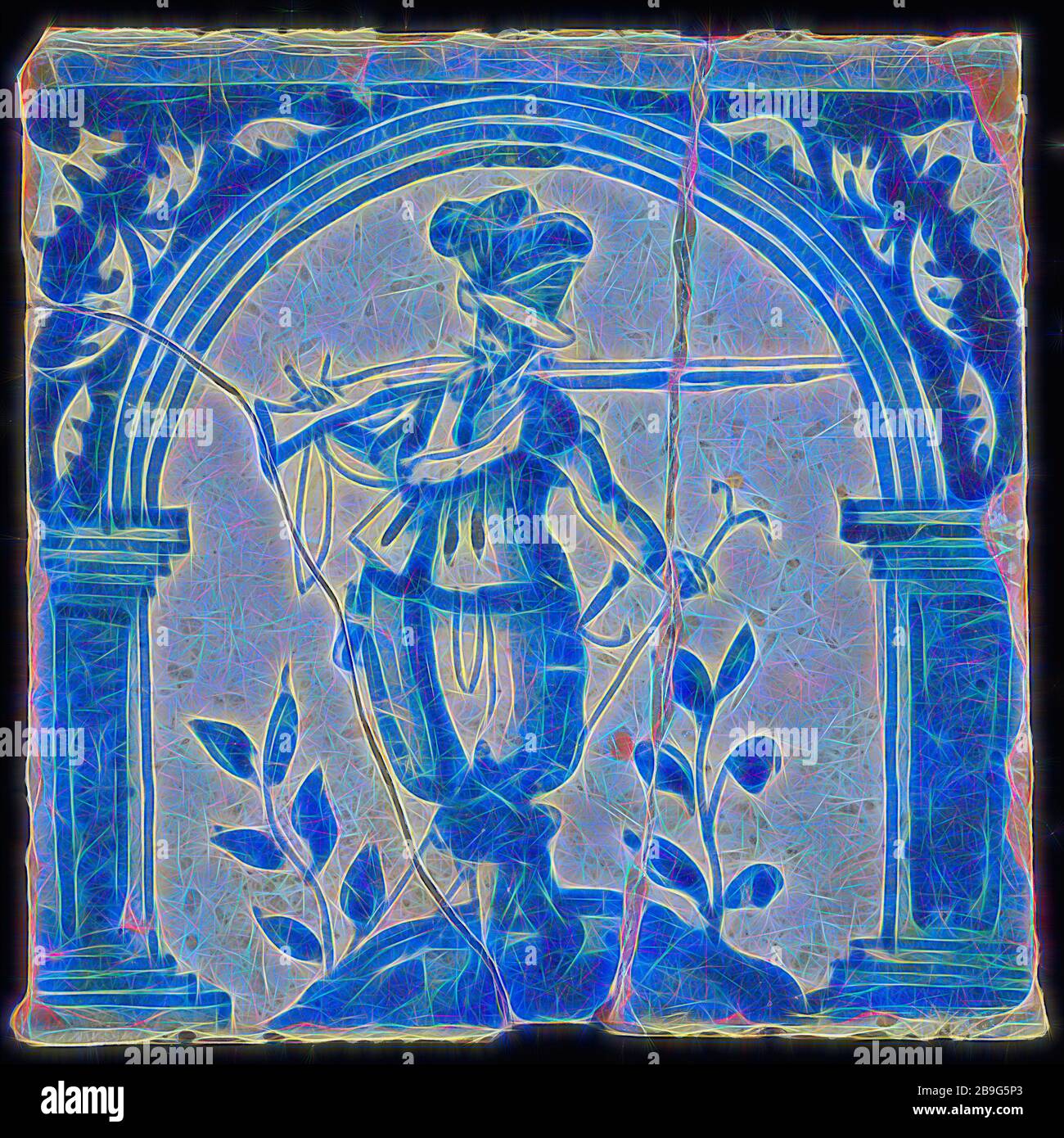 Figure tile, in blue on white, warrior with rifle, wall tile tile ...