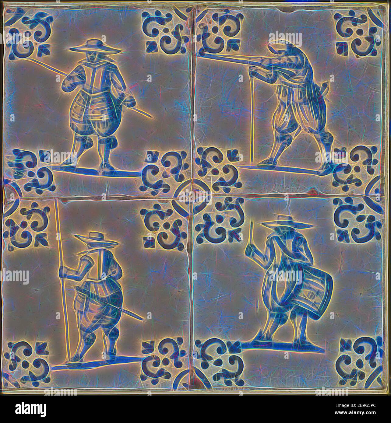 Tile field, four tiles, figure decor, blue on white, all soldiers, one ...