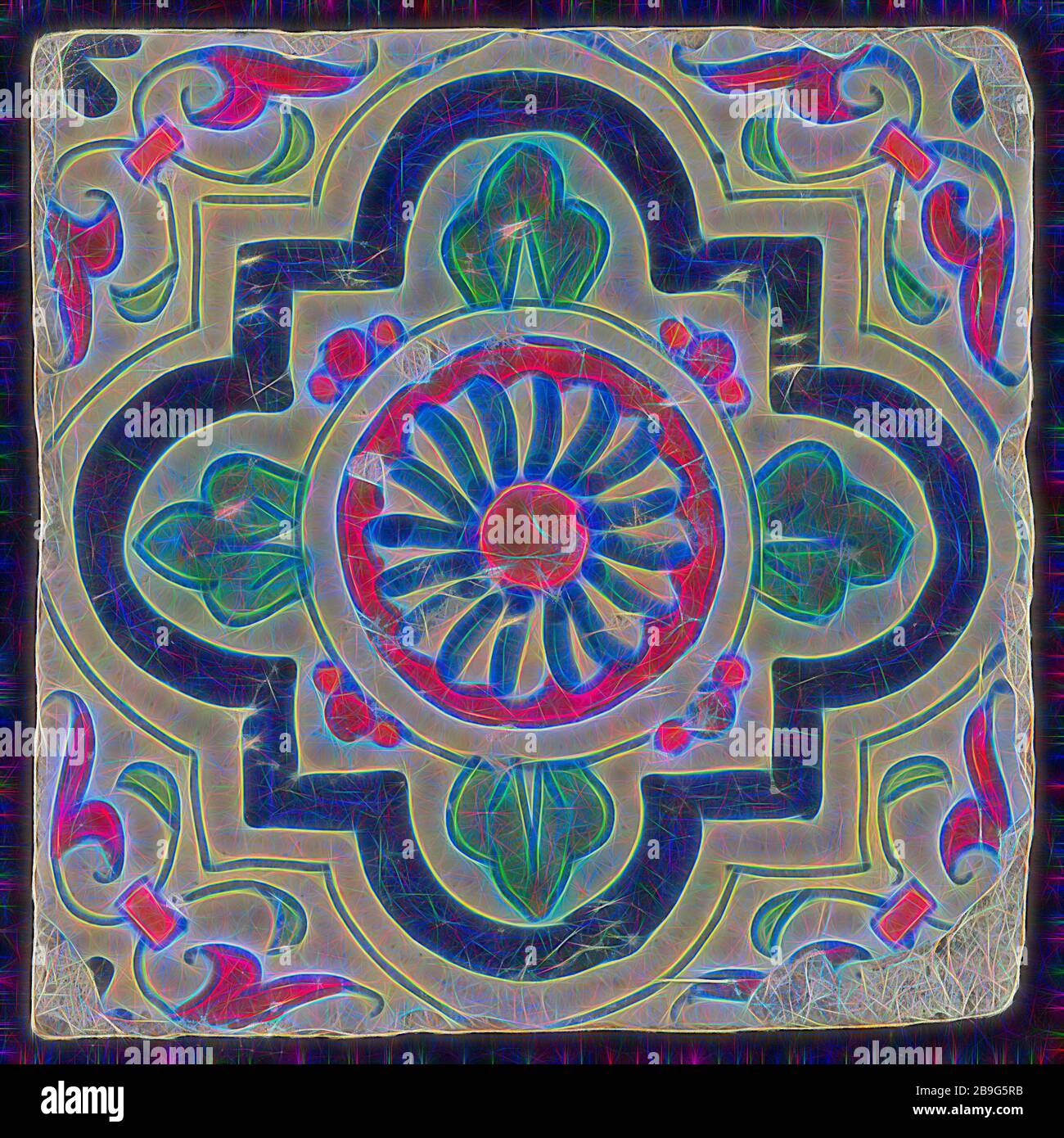 Ornament tile, central rosette with four-step variant frame, corner ...