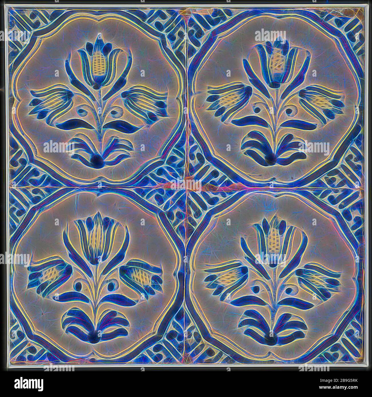 Tile field, four tiles, floral decor, blue on white, three-tiered ...