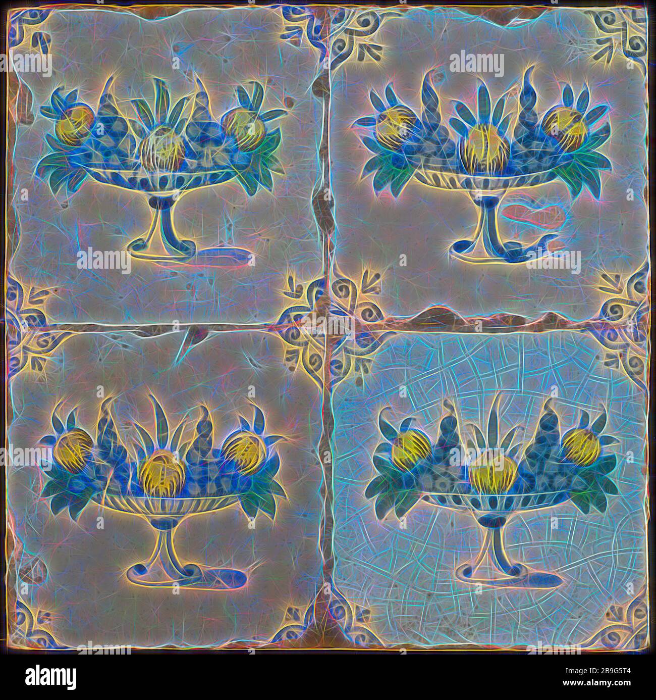 Tile field, four tiles, fruit decor, yellow, green, blue on white, high ...