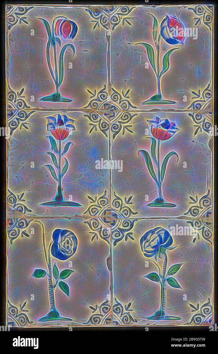 Tile field, six tiles, four with orange, green and blue on white, two ...
