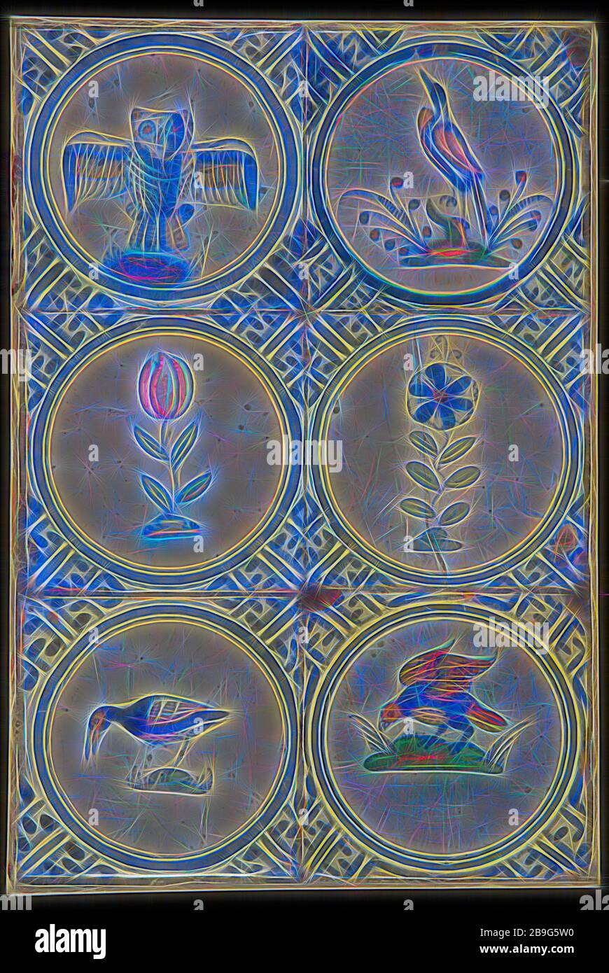 Tile field, six tiles, flower or bird in circle, orange, yellow, blue ...