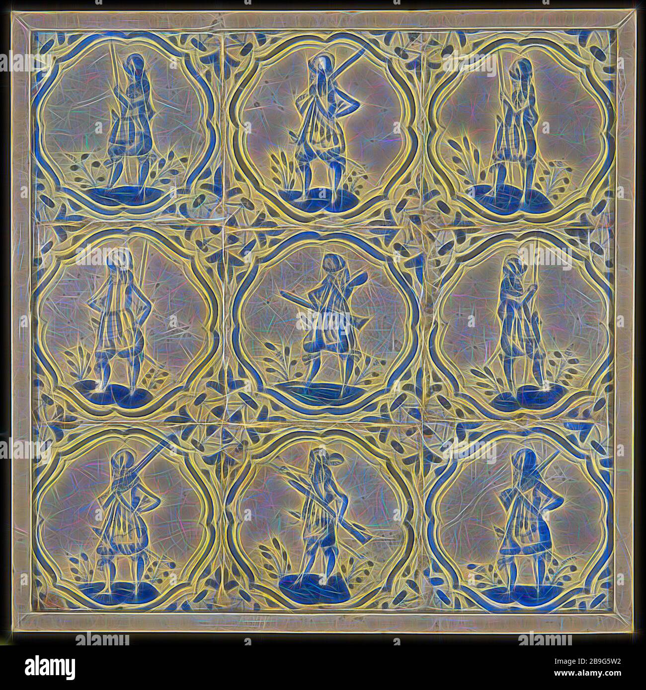 Tile field, nine tiles, blue on white, soldiers in brace frame, corner ...