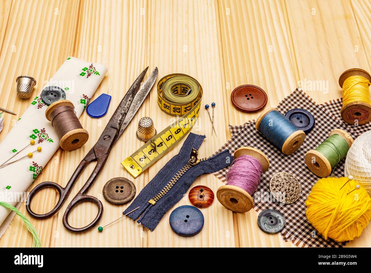 Handmade, DIY concept. Set of tools and materials for sewing. Stay at ...