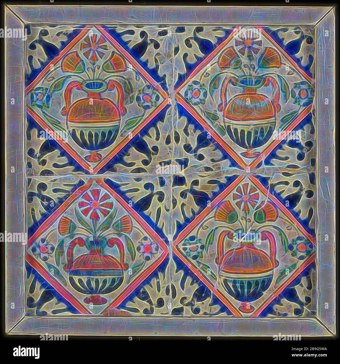 Tile field, four tiles, orange, green and blue on white, flowerpot in ...