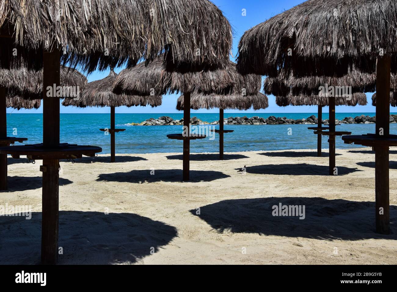 Sun protection umbrellas at the beach in Italy Stock Photo - Alamy