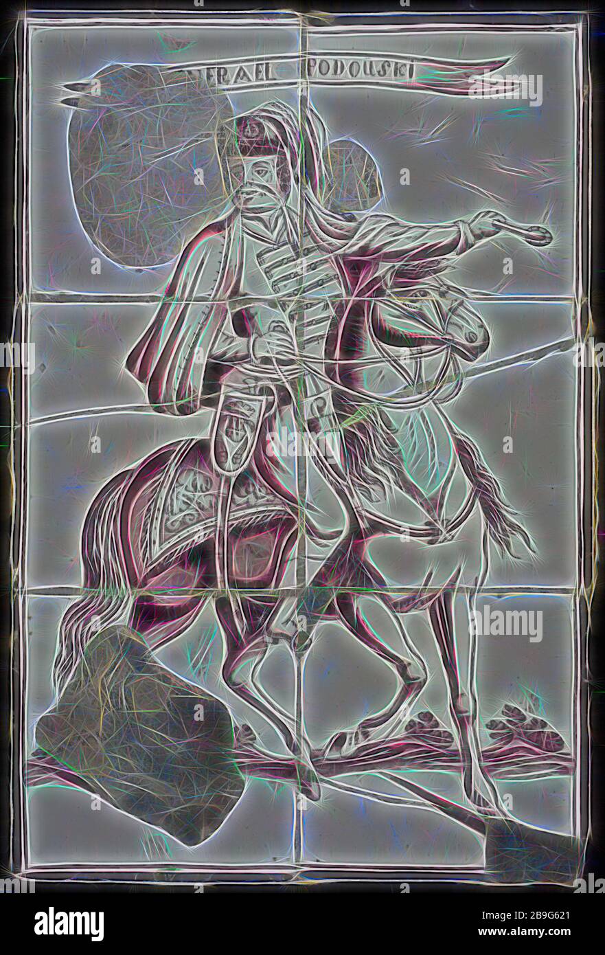 Tile panel, six tiles, purple on white, rider on horseback, with (Gen ...