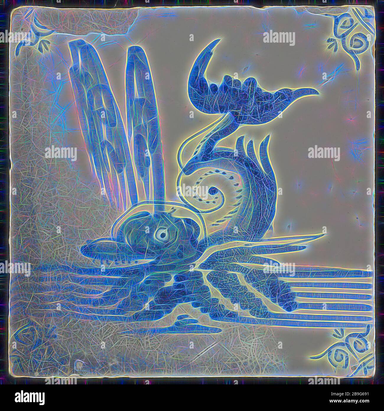 Scene tile, water-spouting dolphin, in blue on white, corner motif ox ...