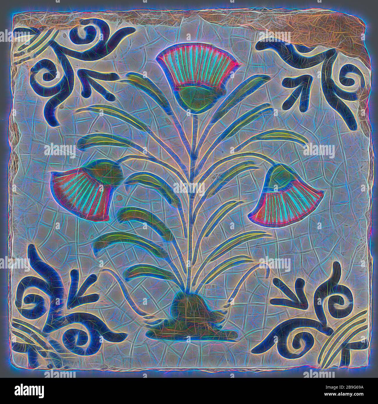 Flower Tile, flower on ground in orange, green and blue on white ...