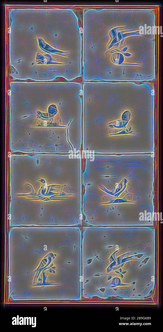 Tile field, eight tiles, blue on white, birds, including two cocks on ...