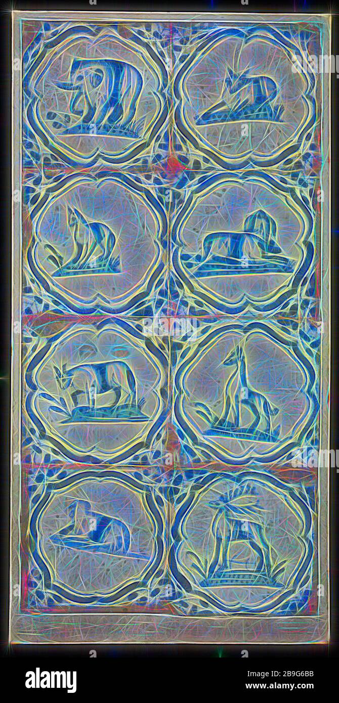 Tile field, eight tiles, braces with elephant, blue on white, corner ...