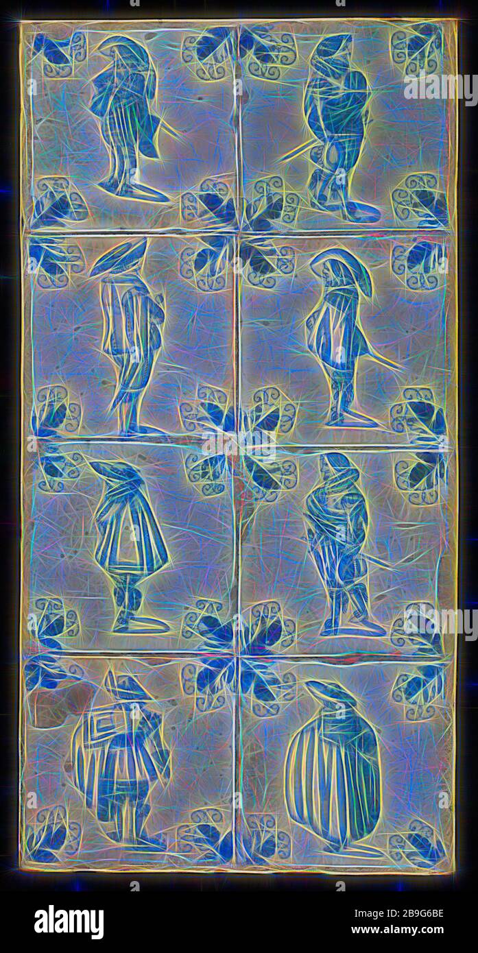Tile field, eight tiles, blue on white, warriors, corner motif, vane ...