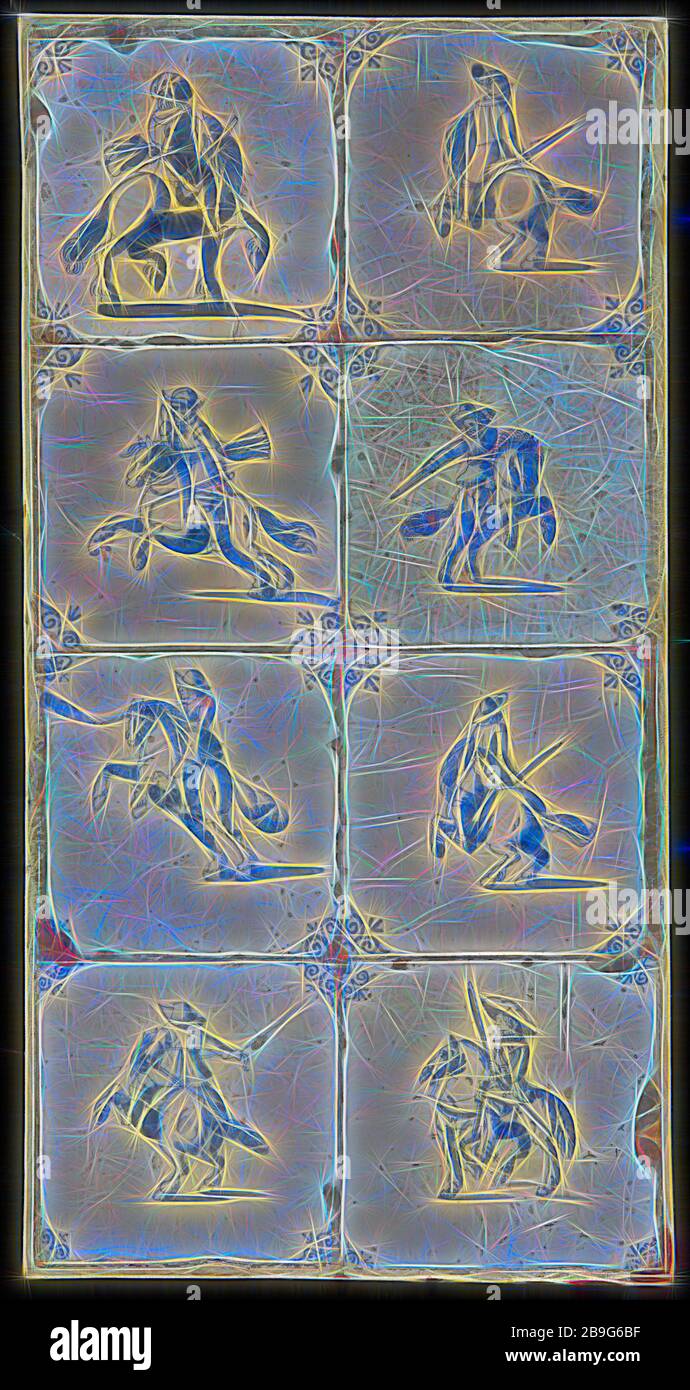 Tile field, eight tiles, blue on white, riders, corner motifs ox's head ...