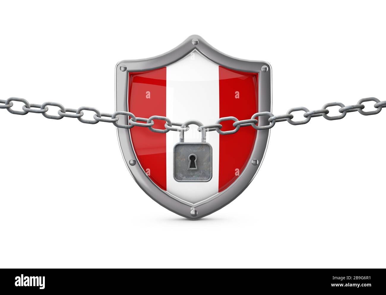 Peru lockdown concept. Shield with lock and chain. 3D Render Stock ...
