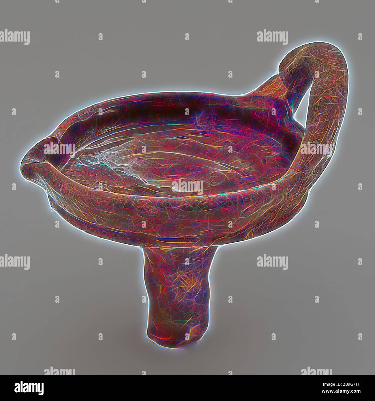 Fragment of earthenware oil lamp, dish with hanging ear and pouring ...