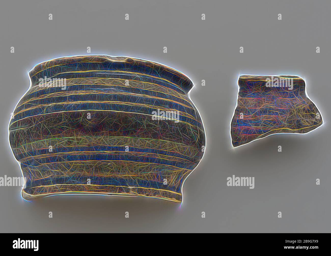 Fragments of majolica ointment jar with polychrome decor, low stomach ...