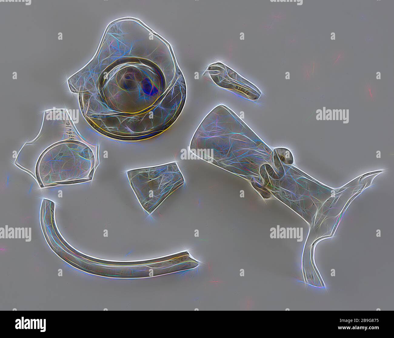 Fragments of foot, bottom, body, neck, spout and handle of spout jar ...