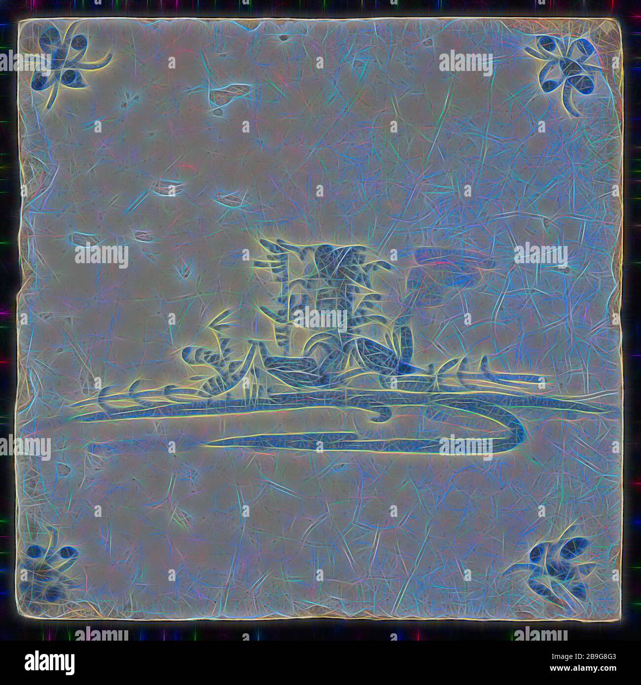 Tile, landscape with ruin or tower, blue decor on white ground, corner ...