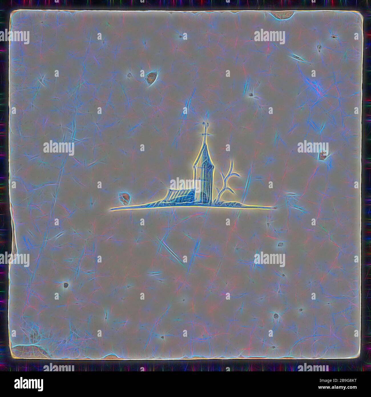 Landscape tile, church building, blue decor on white ground, no corner ...