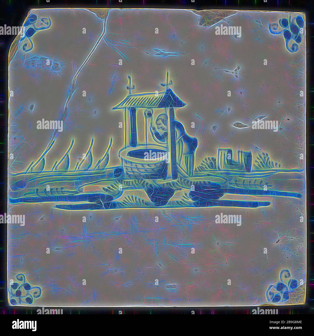 Scene tile, well with putting man, blue decor on white ground, corner ...