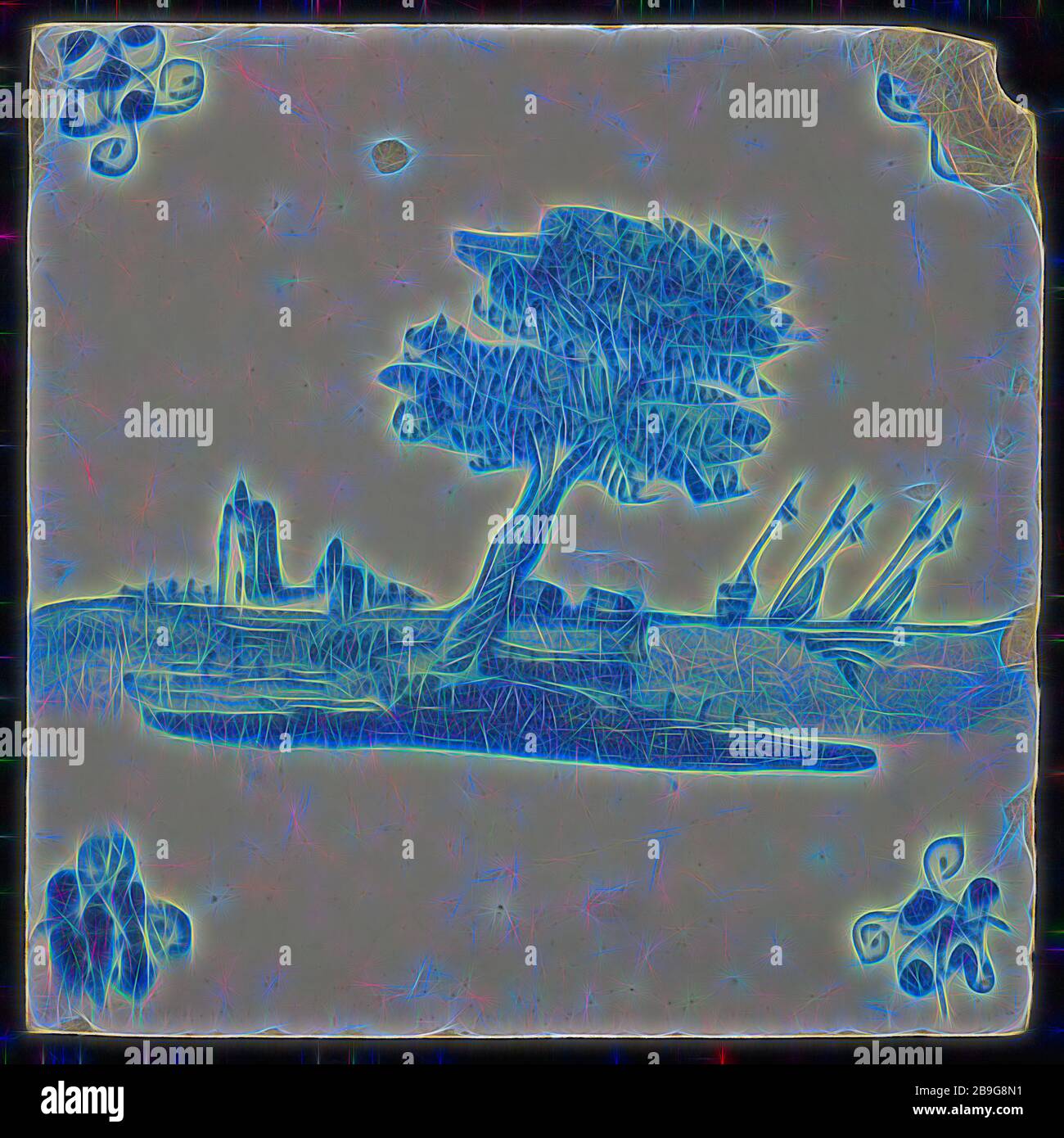 Scene tile, tree in polder landscape, blue decor on white ground ...