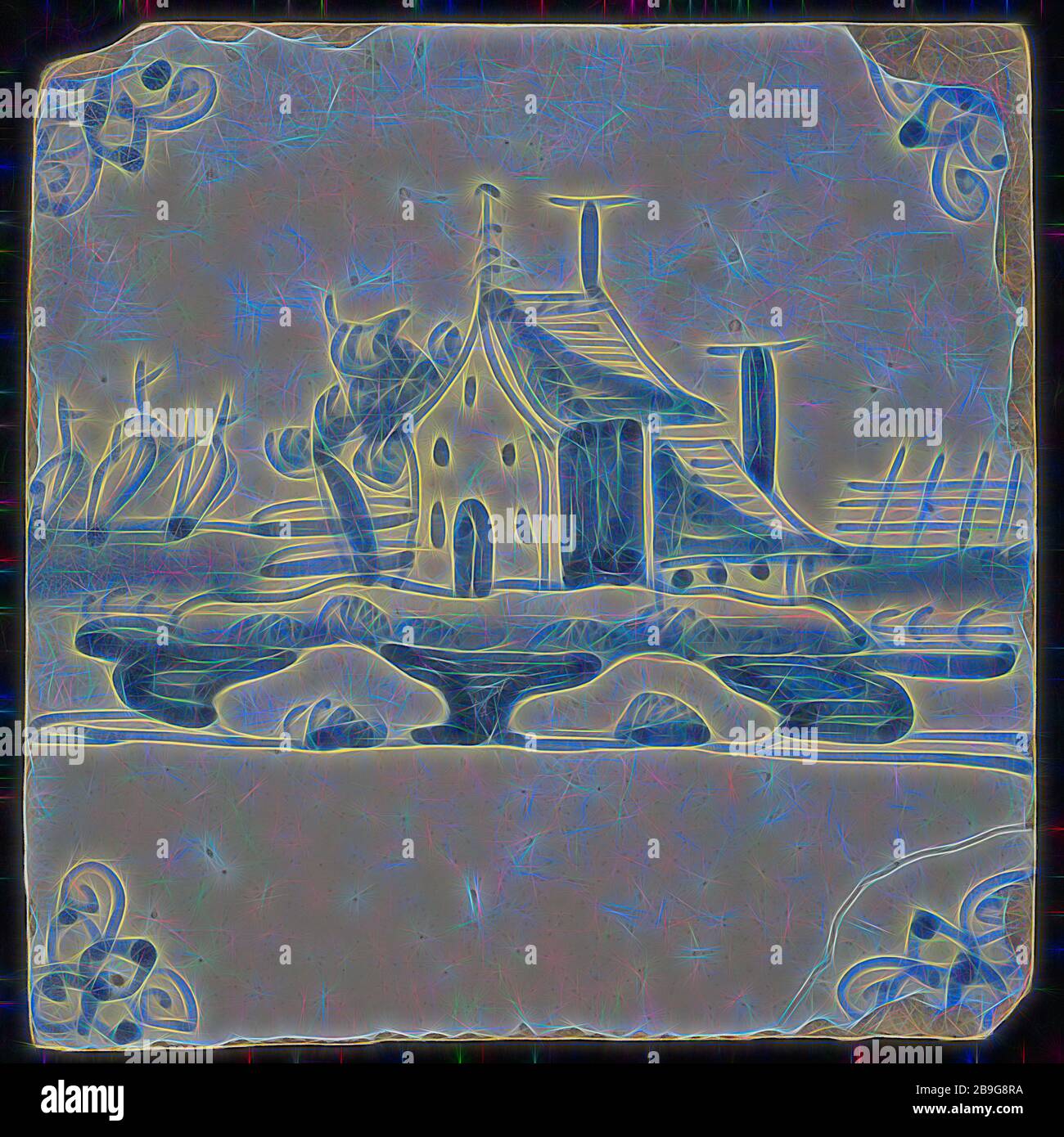 Scene tile, landscape tile with house, blue decor on white ground ...
