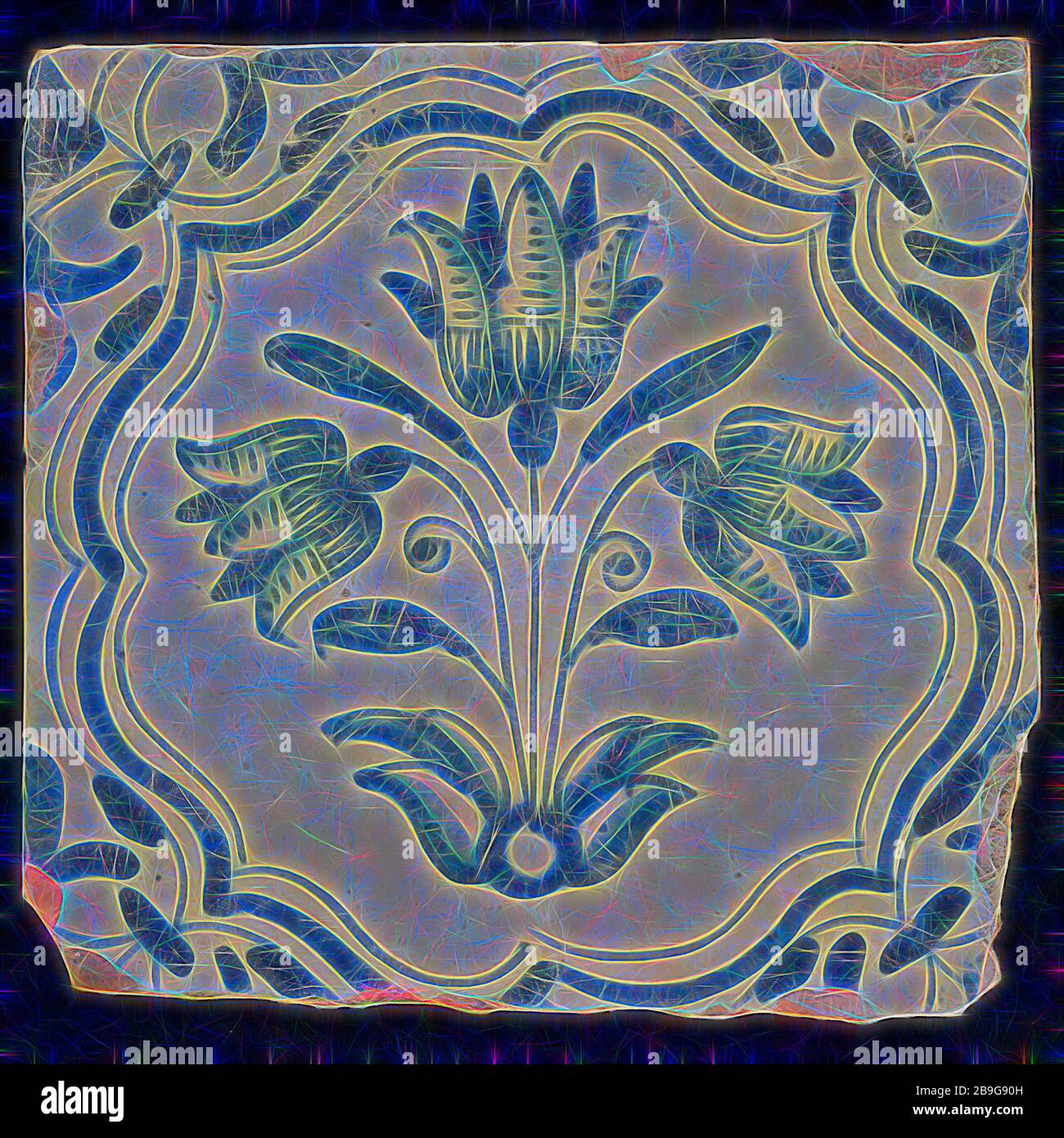 AG, Flower tile with three-tier, blue decor on white ground, accolade ...