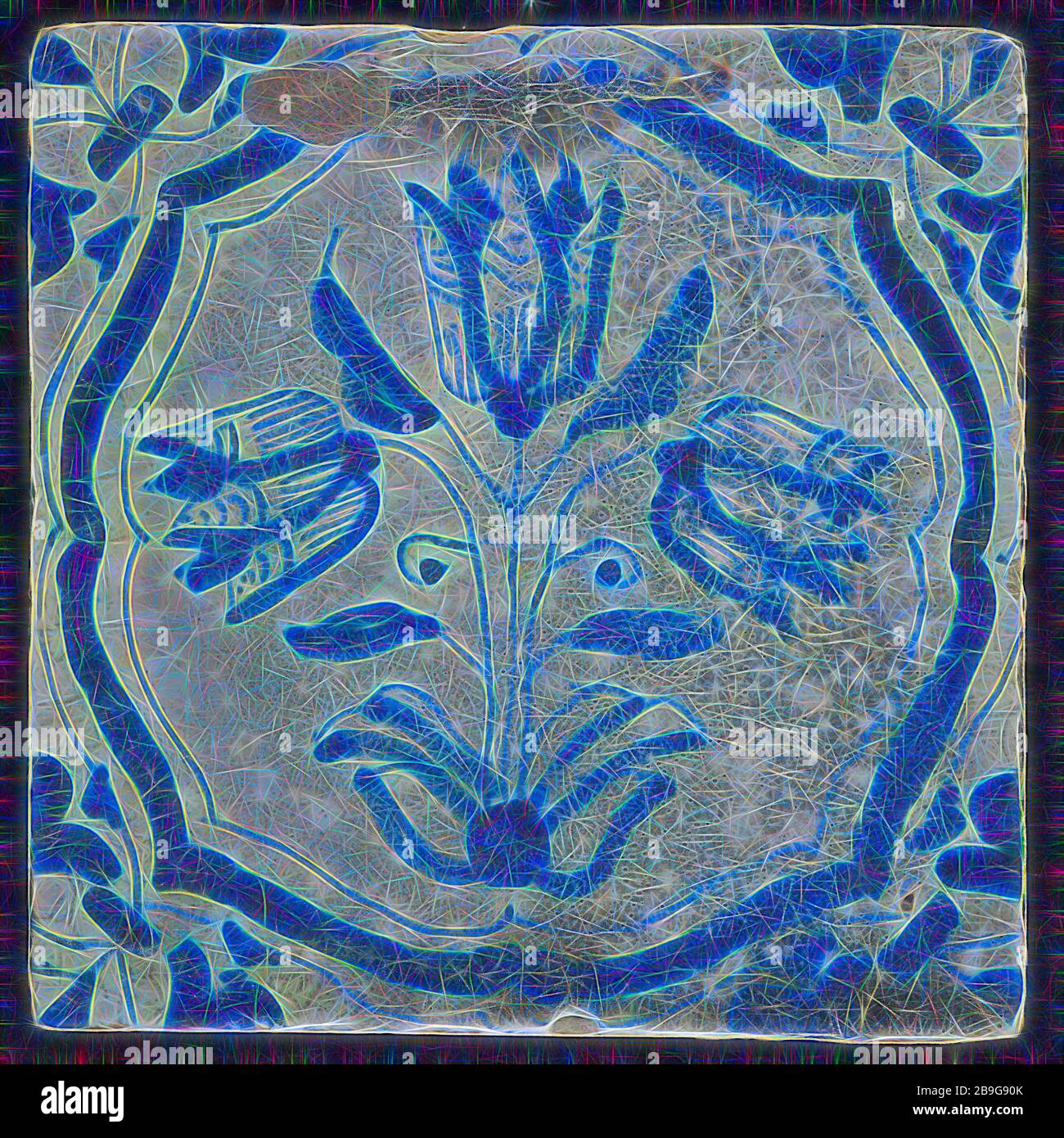 BB, Flower Tile with three-tier, blue decor on white ground, accolade ...