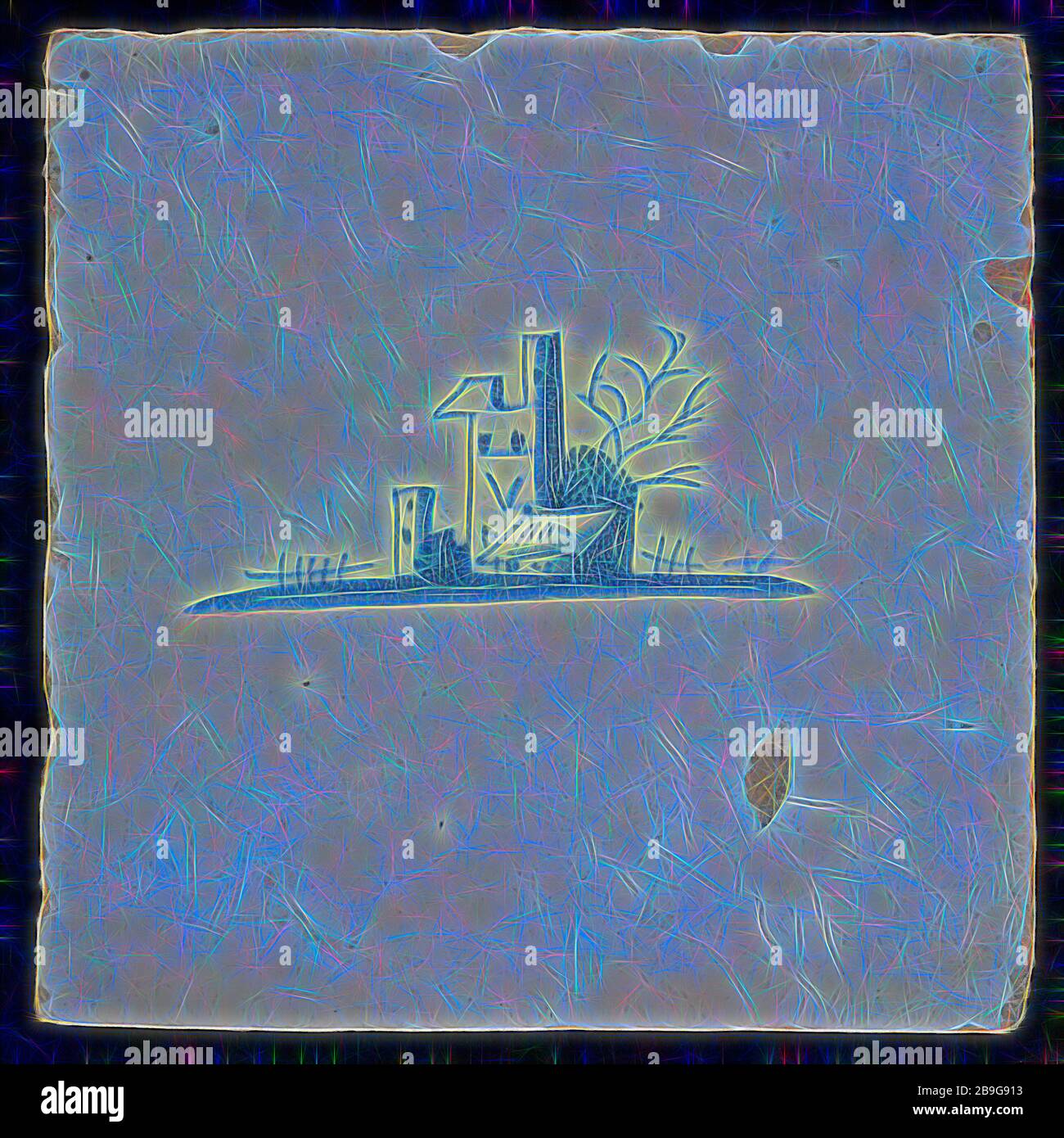 Scene tile, landscape with ruin, blue decor on white ground, no corner ...