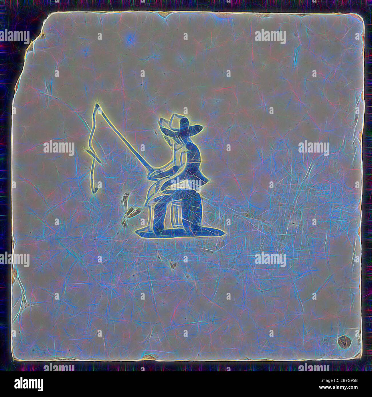 Figure tile with angler, fisherman on barrel, blue decor on white ...