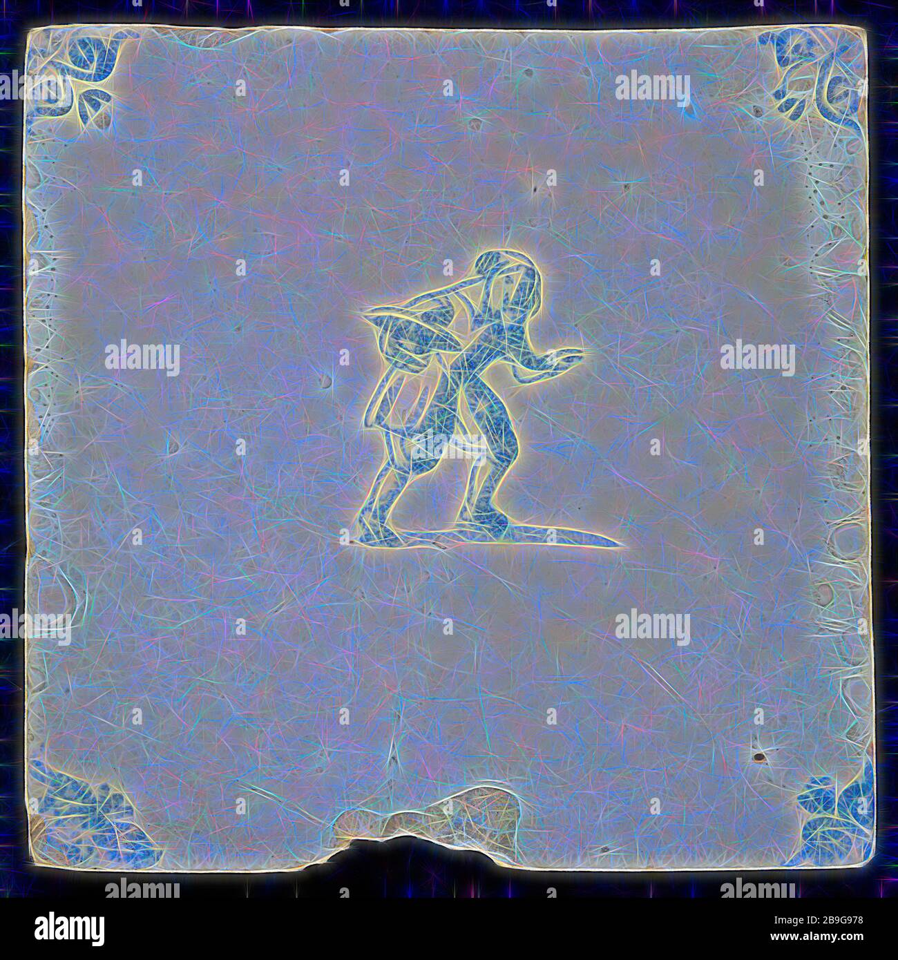 Figure tile with man with hat in hand, blue decor on white ground ...