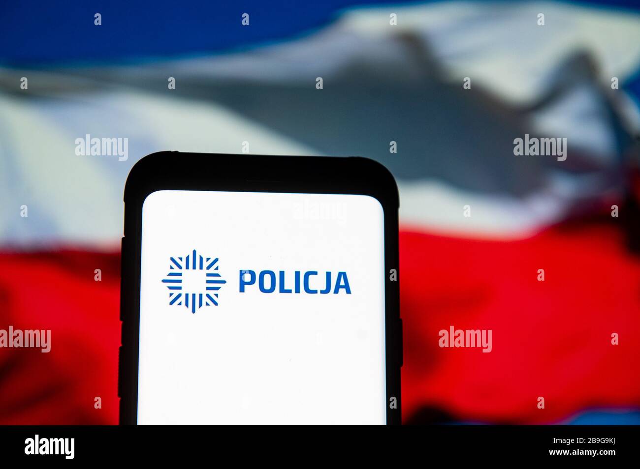 In this photo illustration a Policja (Polish Police) logo seen ...