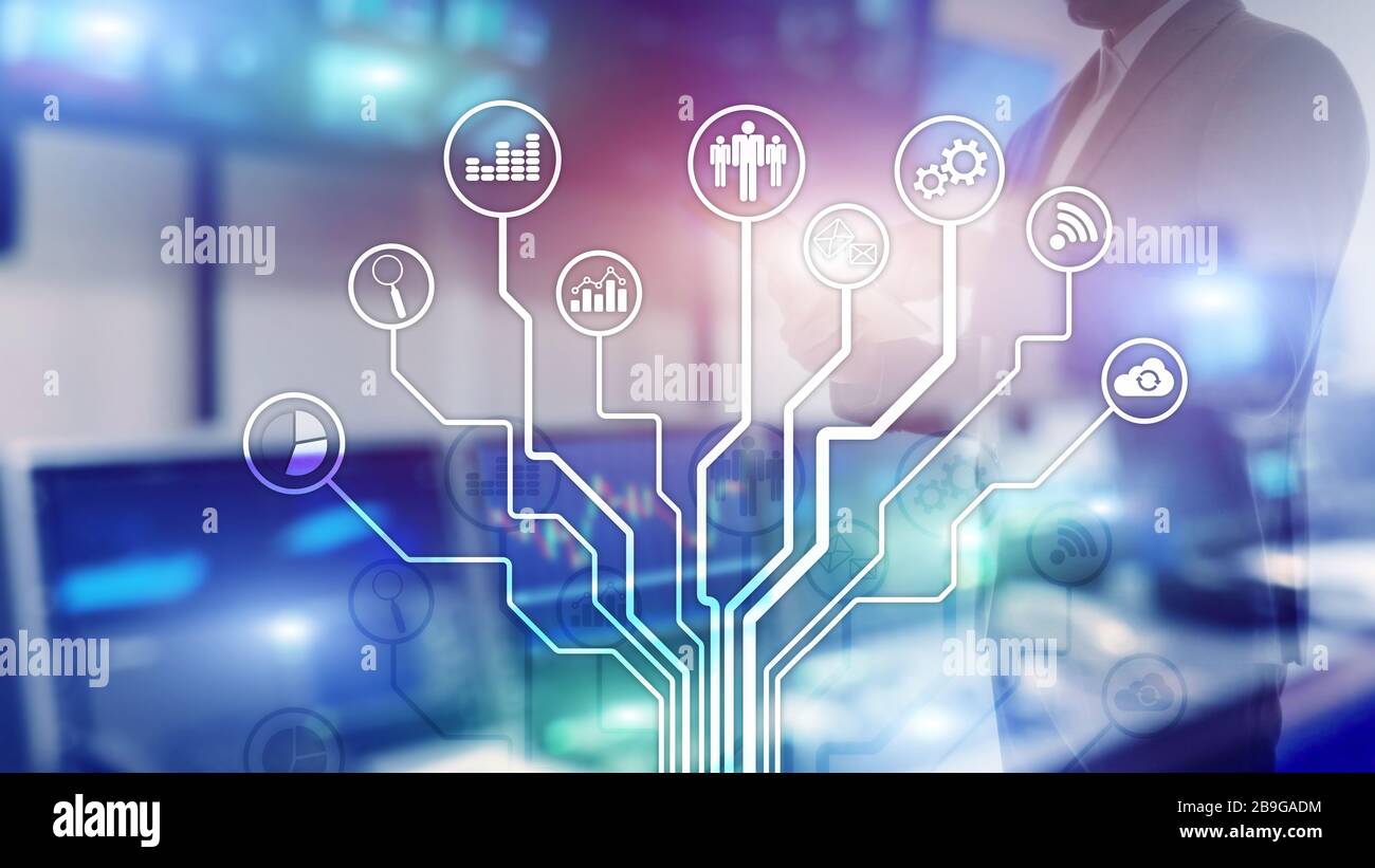 Business applications icons on blurred background. Financial and ...