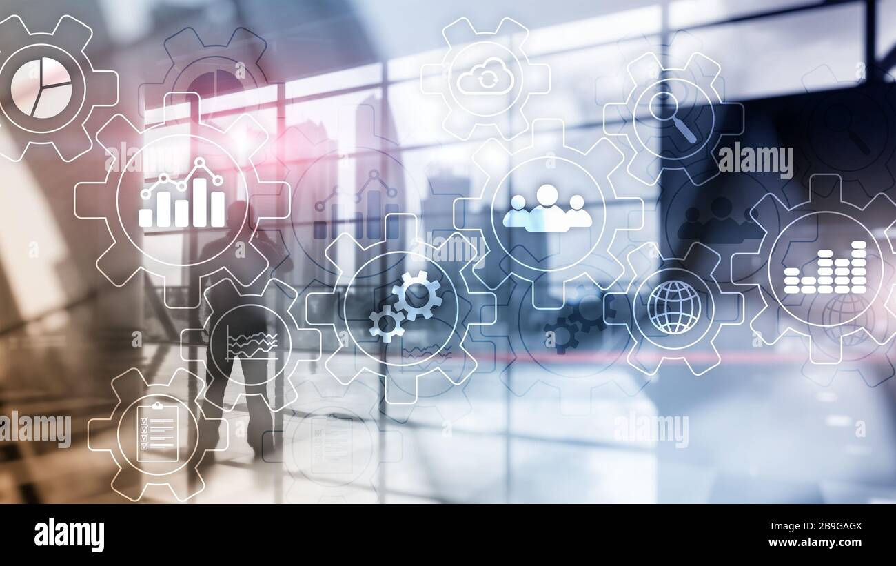 Business process abstract diagram with gears and icons. Workflow and ...