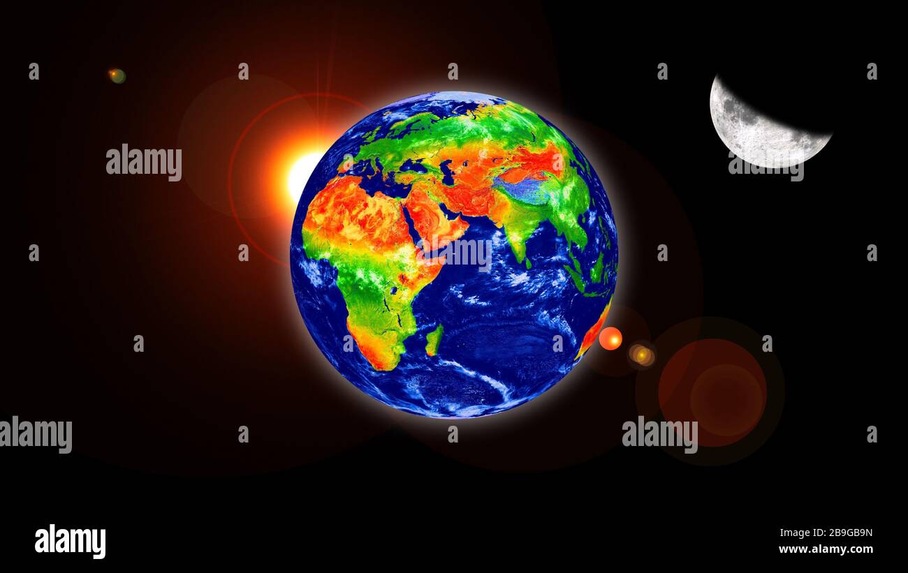 Earth globe and moon over star space background. Elements of this image ...