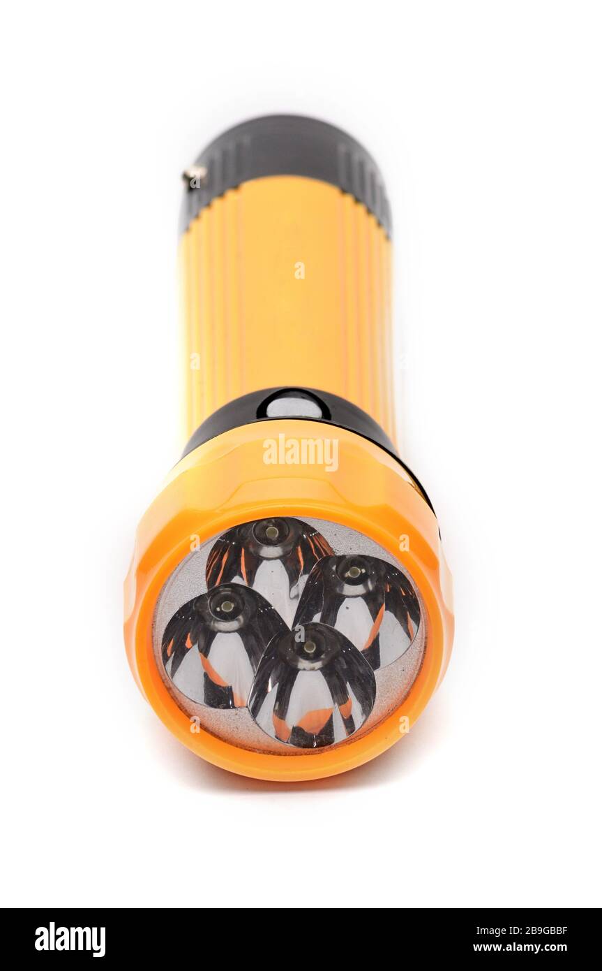 Yellow LED flashlight with the ability to recharge from the mains on an ...