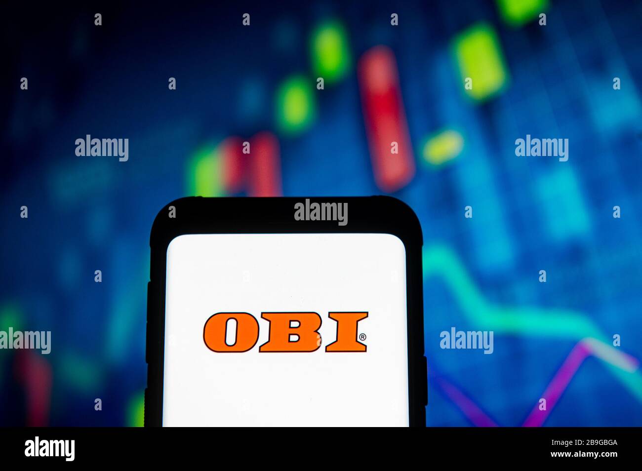 In this photo illustration an OBI logo seen displayed on a smartphone.A ...