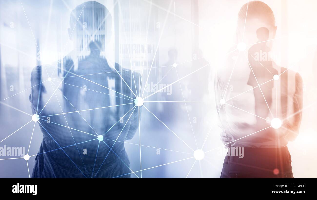 Blockchain network on blurred skyscrapers background. Financial ...