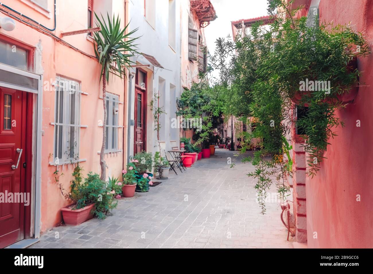Amazing narrow streets of popular destination on Crete island. Sunny ...
