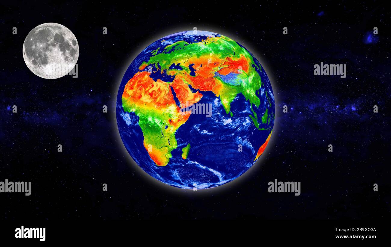 Earth globe and moon over star space background. Elements of this image ...