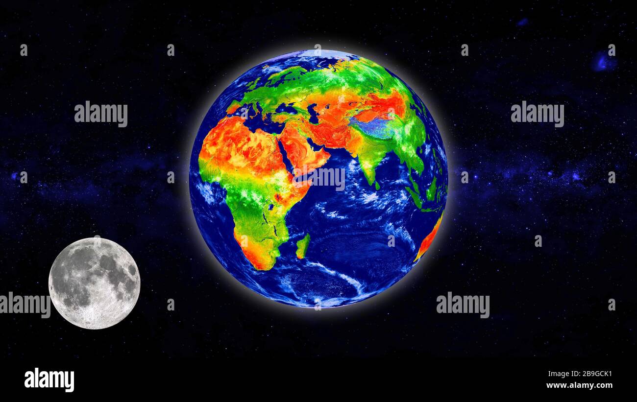 Earth globe and moon over star space background. Elements of this image ...