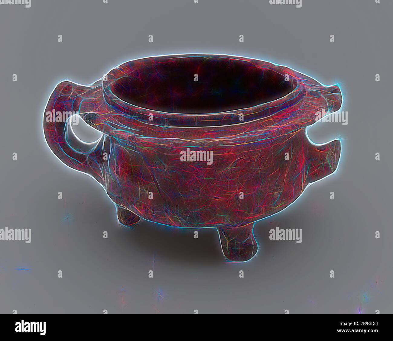 Pottery toy cooking pot with two vertical bands, on three legs, cooking ...