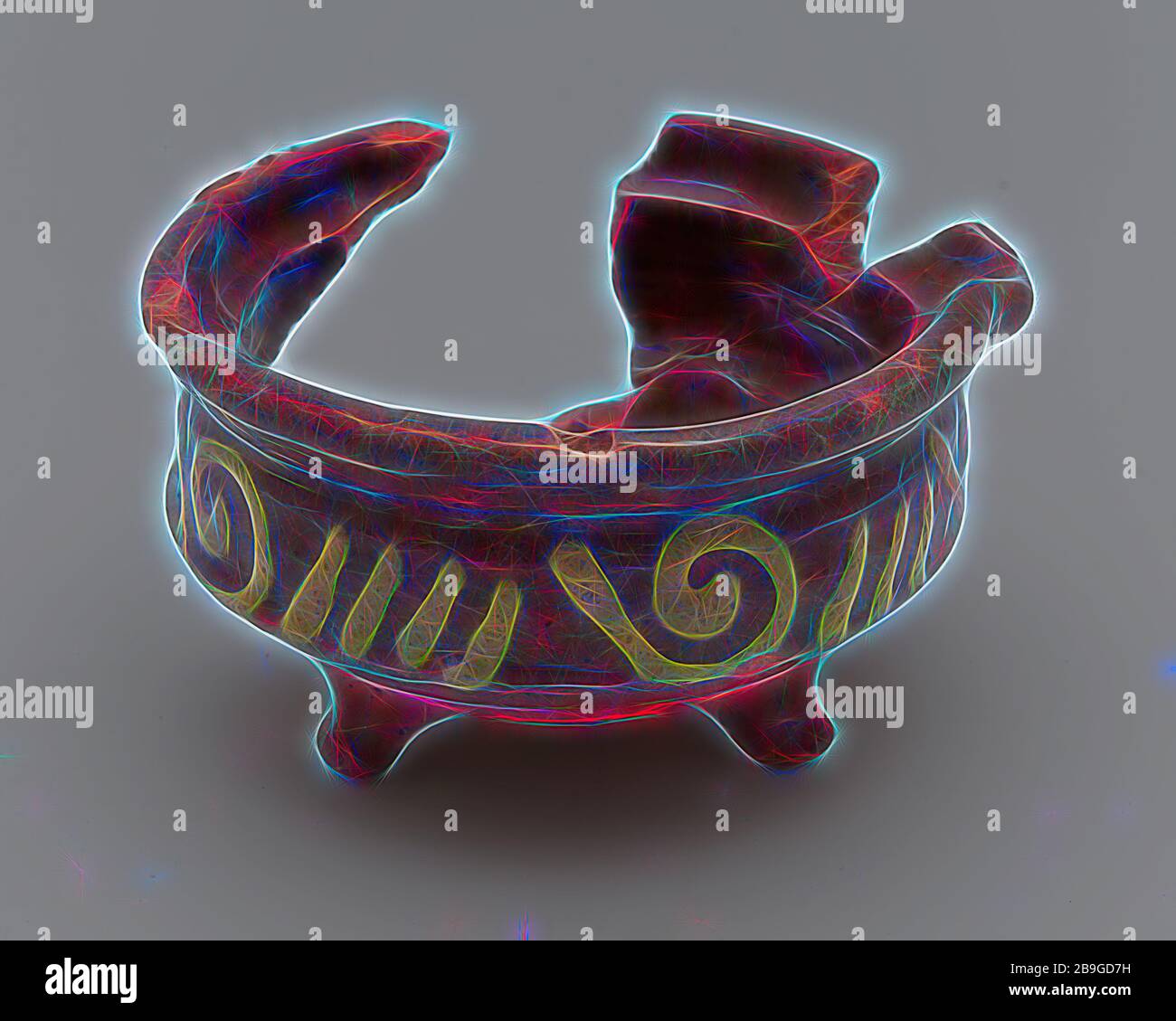 Earthenware cooking pot, decorated with yellow garlands and stripes in ...